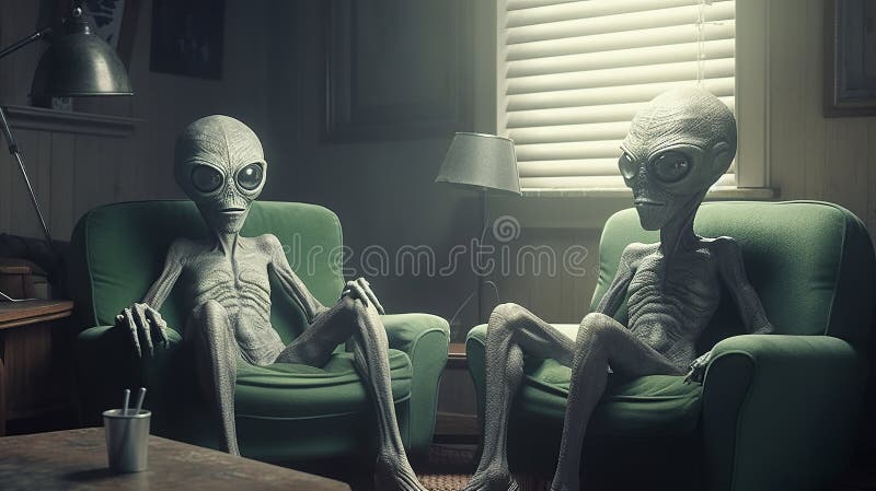 Two Aliens Sitting on Chairs Generative AI Stock Illustration ...