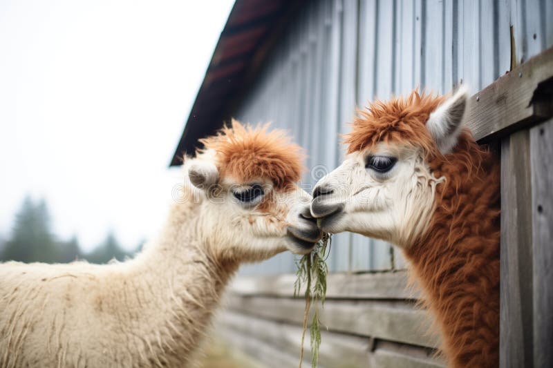 Two Alpacas Touching Noses Near Barn Stock Photo - Image of alpaca ...