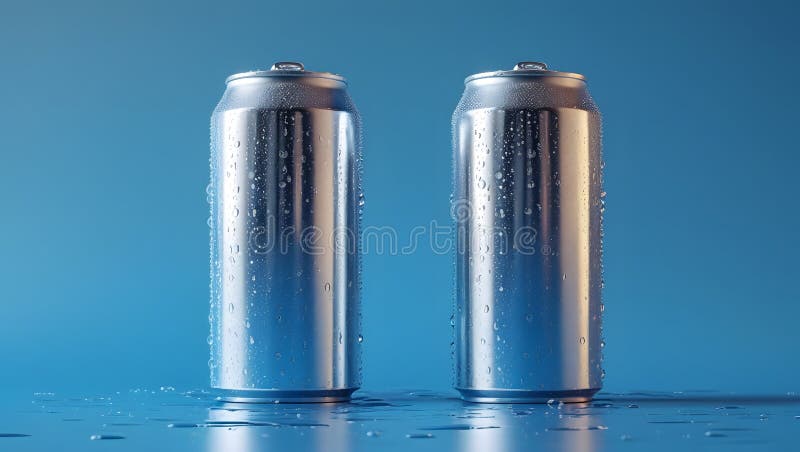 Two Aluminum Beer Cans Standing Upright on a Solid Blue Background ...