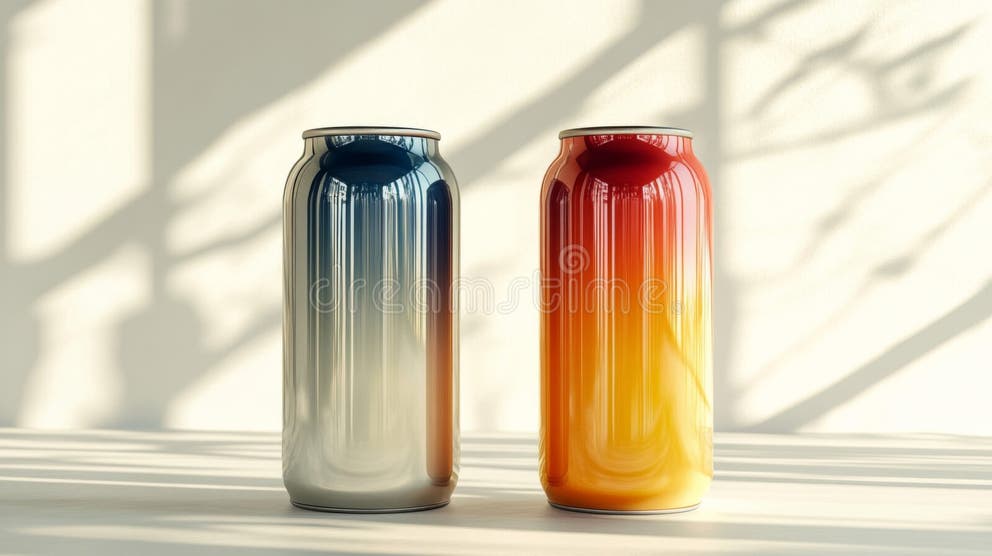 Two Aluminum Beverage Cans with Gradient Colors in a Studio Setting ...