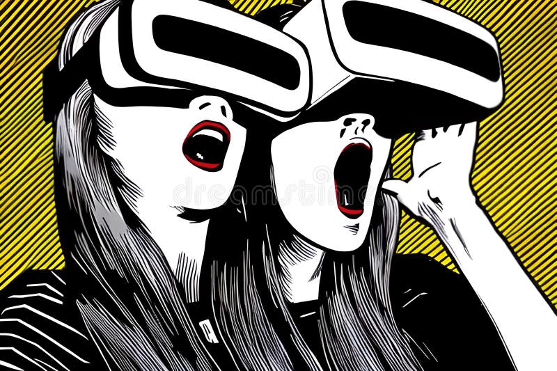 Two Amazed Girls Using VR Headset Stock Illustration - Illustration of reality, experience ...