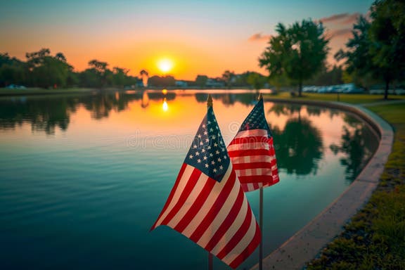 Two American Flags are Placed on the Edge of a Lake Stock Photo - Image ...