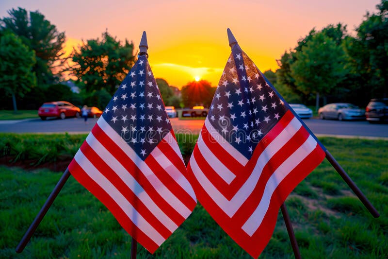 Two American Flags are Shown in Front of a Sunset Stock Photo - Image ...