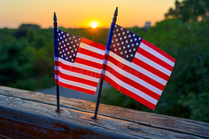 Two American Flags on a Wooden Fence at Sunset Stock Image - Image of ...