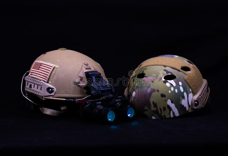 Two American Military Helmets, One with Night Vision Stock Image ...