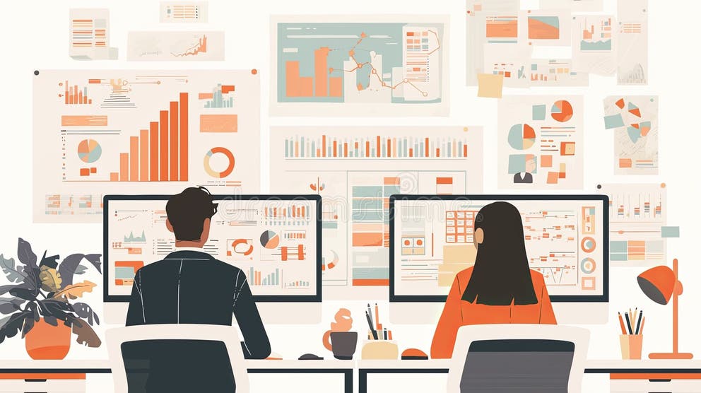 Two Analysts Working on Computers with Data Charts on the Wall Stock ...