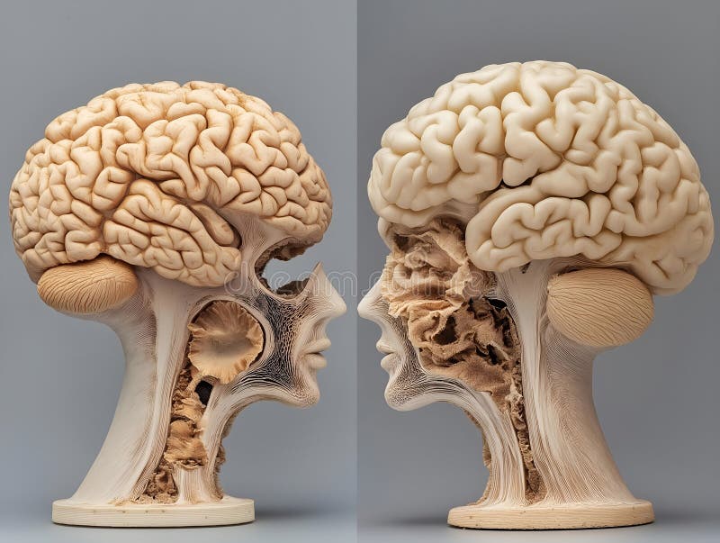 Two Anatomical Brain Models Facing Each Other, Showcasing Internal ...