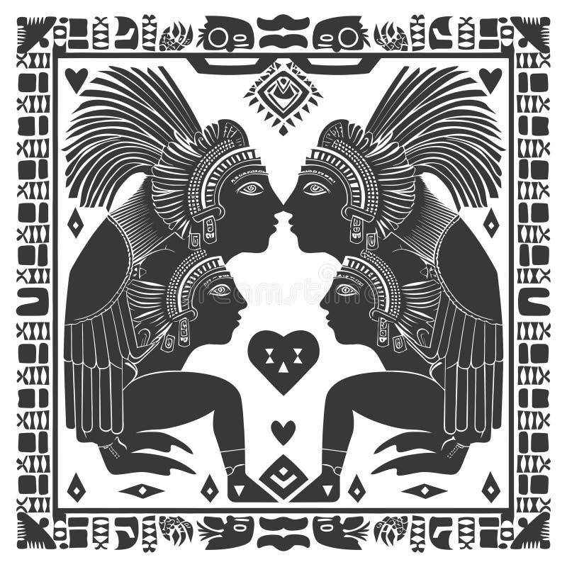 Pair of Mayan Warriors in Ceremonial Headdress, Ancient Aztec Couple ...