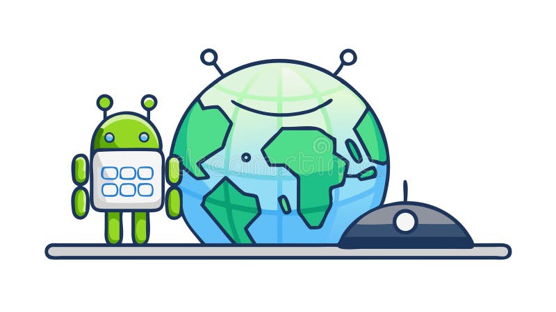 Two Android Robots with Planet Earth AI Teamwork. Vector Design ...