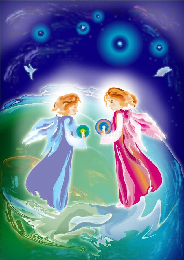Two angels in sunlight stock illustration. Illustration of postcard ...