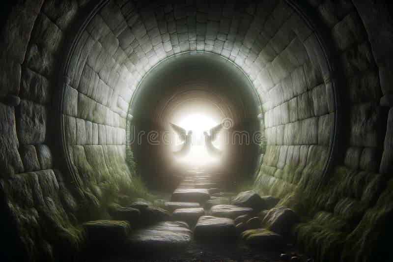 Two Angels in Bright Light at the End of an Ancient Stone Dark Tunnel ...
