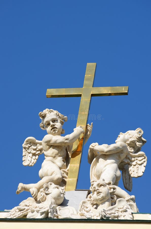 Two angels with a cross. stock photo. Image of heaven - 112292628