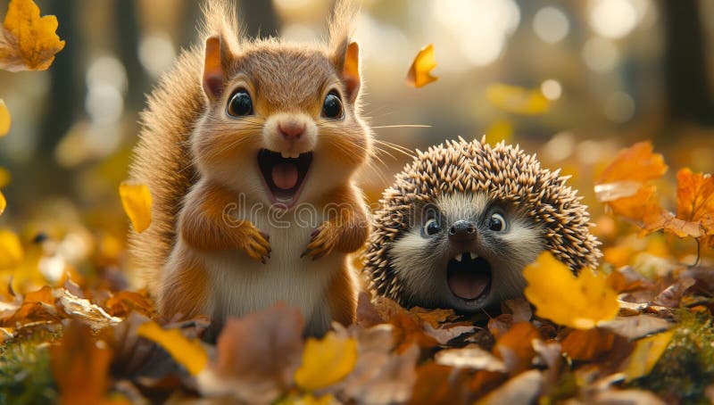 Two Animals, a Squirrel and a Hedgehog, are Playing in the Fall Leaves ...