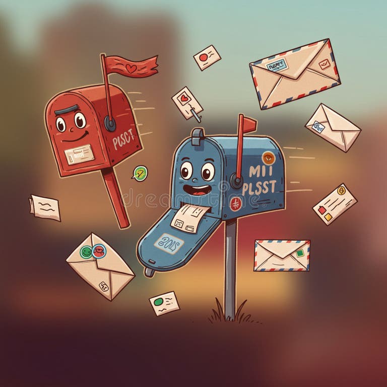 Two Animated, Anthropomorphic Mailboxes with Smiling Faces are ...