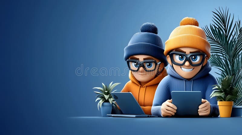 Two Animated Characters with Glasses Engaged in Digital Activity ...