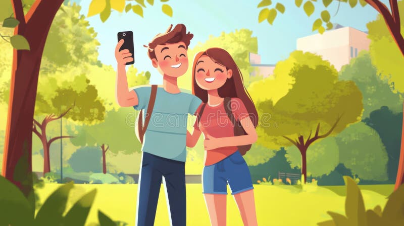 Two Animated Characters Happily Taking a Selfie in a Park Stock ...