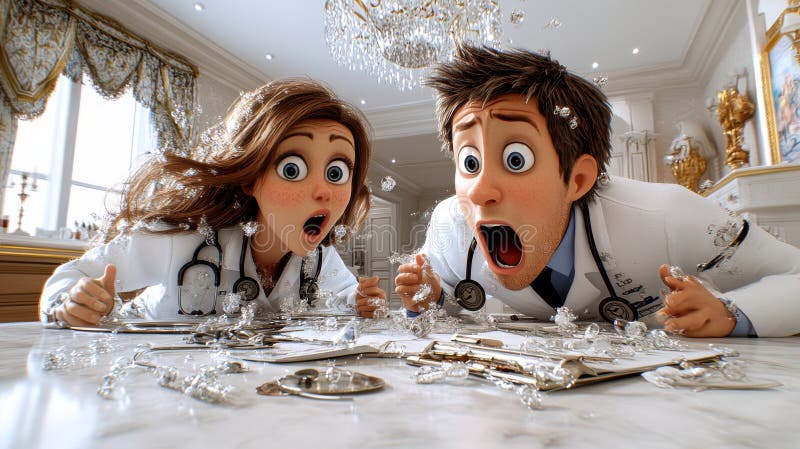 Two Animated Doctors React in Shock As Objects Fly Across a Luxurious ...