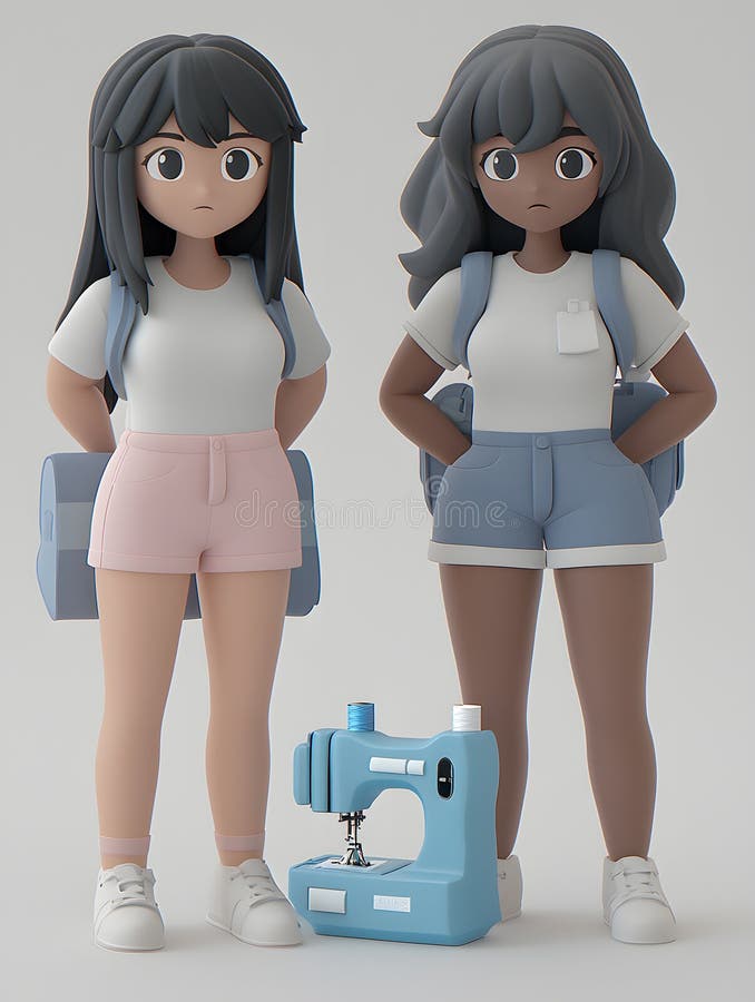 Two Animated Girls with Sewing Machine Stock Illustration ...