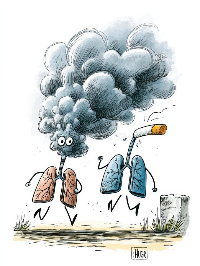 Cartoon Lungs Flee from Ominous Cigarette Smoke Monster in a Humorous ...