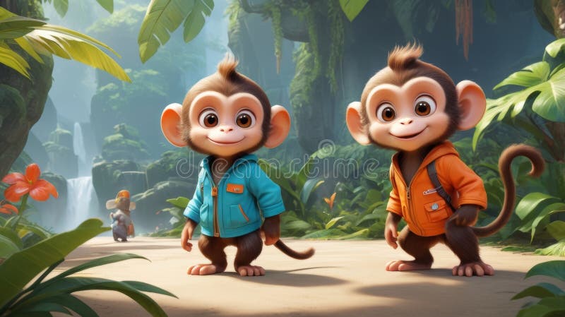 Two Animated Monkeys Stand Side by Side in Jungle with Lush Greenery ...