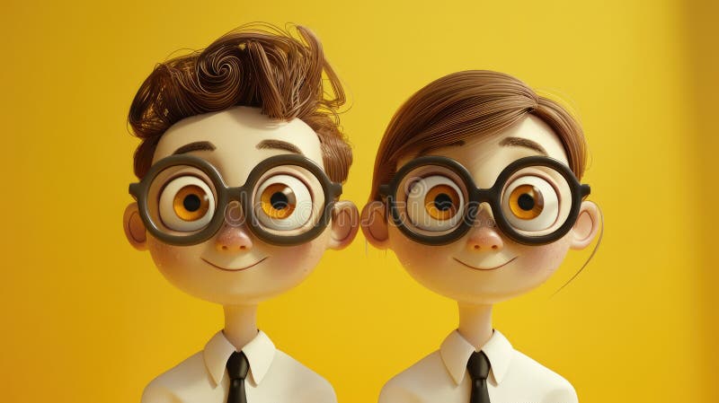 Two Animated Office Characters with Headsets and Formal Attire, Yellow ...