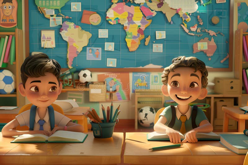 Two Animated Students Studying in a Classroom with a World Map and ...
