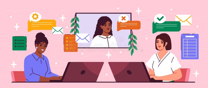 Two Animated Women Engaged in a Video Call with Icons for Communication ...