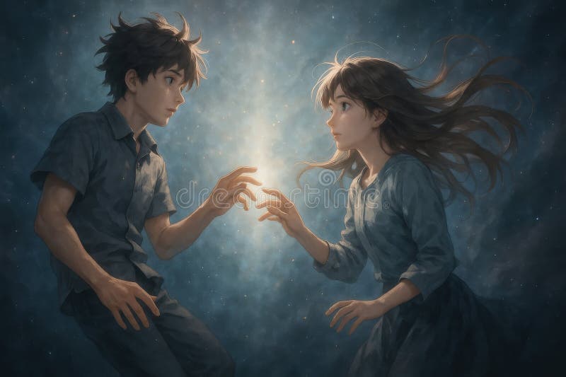 Two Anime Characters Float in Space, almost Touching Hands, Expressing ...