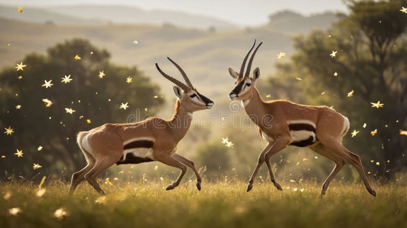 Graceful Springbok Antelope Pair Leaping in Golden Meadow Stock ...