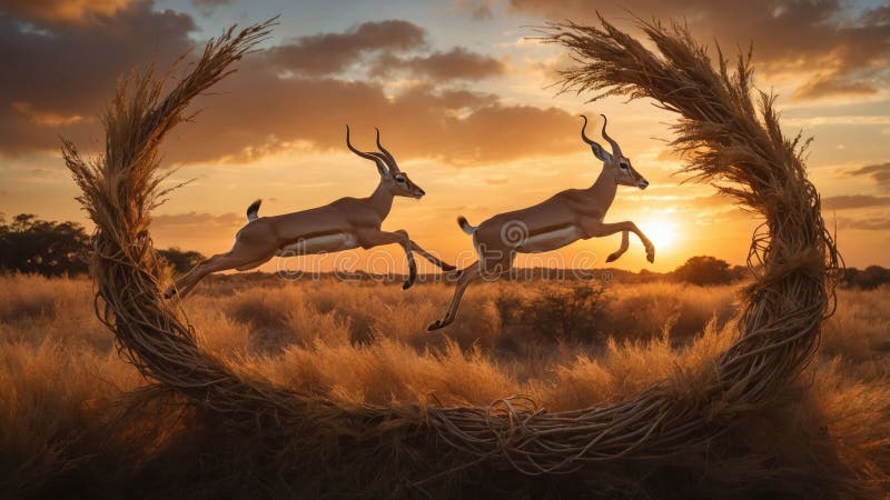 Majestic Springboks Leaping at Sunset Silhouette Stock Illustration ...