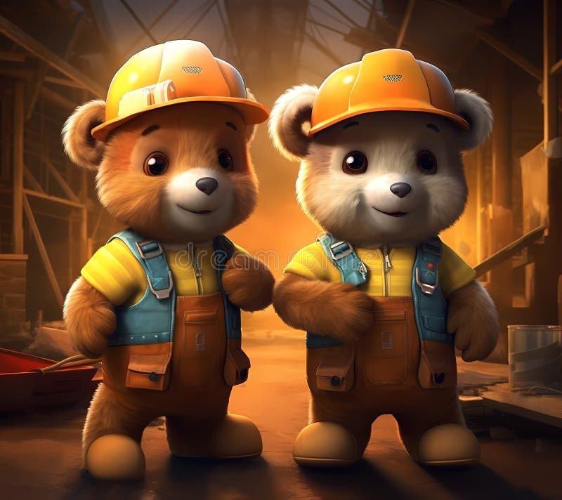 Two Anthropomorphic Bear Builders, Surprised, Kind Faces Generated by ...