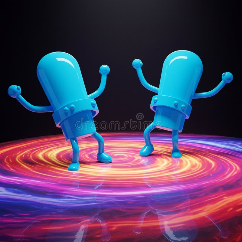 Two Anthropomorphic Blue Capsule-shaped Figures with Arms and Legs are ...