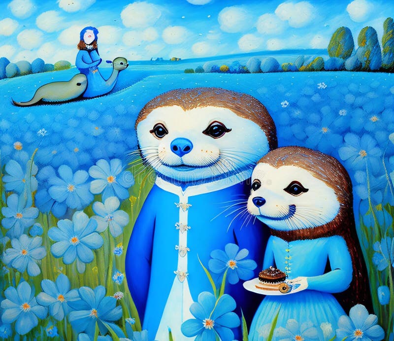 Two Anthropomorphic Otters Enjoying a Spring Day in a Field, with Blue ...