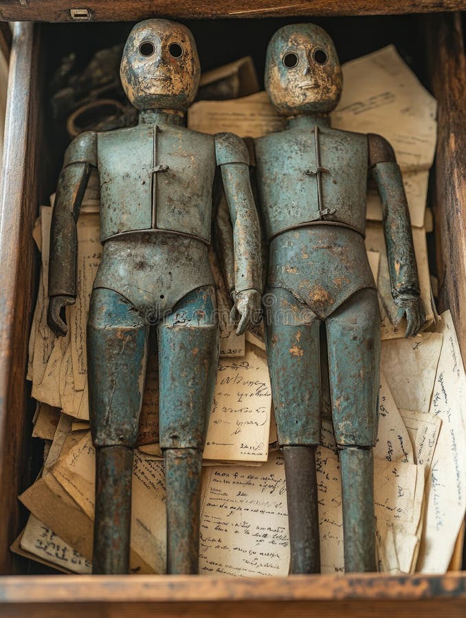 Two Antique Metal Robots with Weathered Finish in a Drawer. Stock Image ...