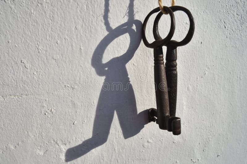 Two Antique Skeleton Keys Hanging from a White Wall Stock Image - Image ...