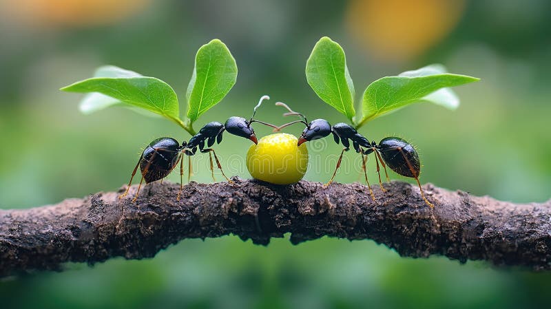 Two Ants Carrying a Small Yellow Fruit on a Branch Stock Illustration ...