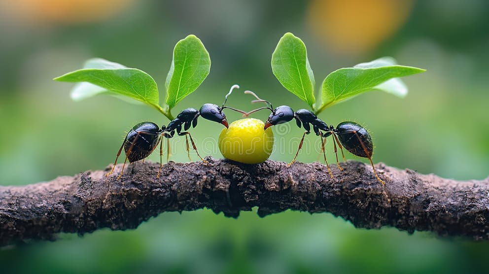 Two Ants Carrying a Small Yellow Fruit on a Branch Stock Illustration ...