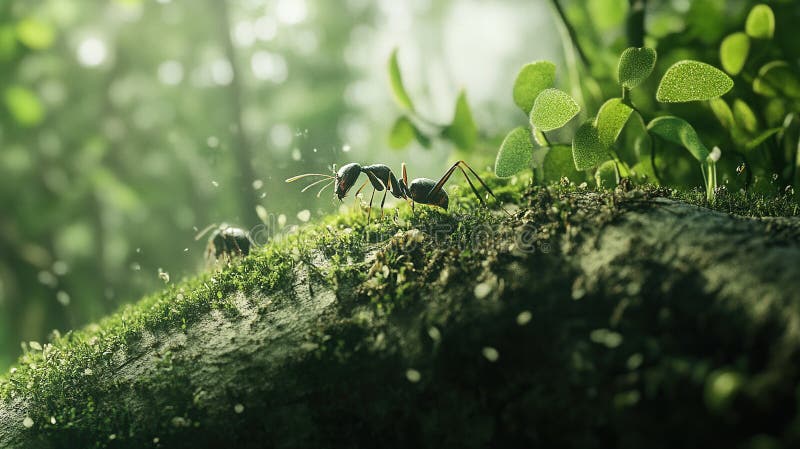 Two Ants on Mossy Log in Sunlit Forest Stock Photo - Image of ants ...
