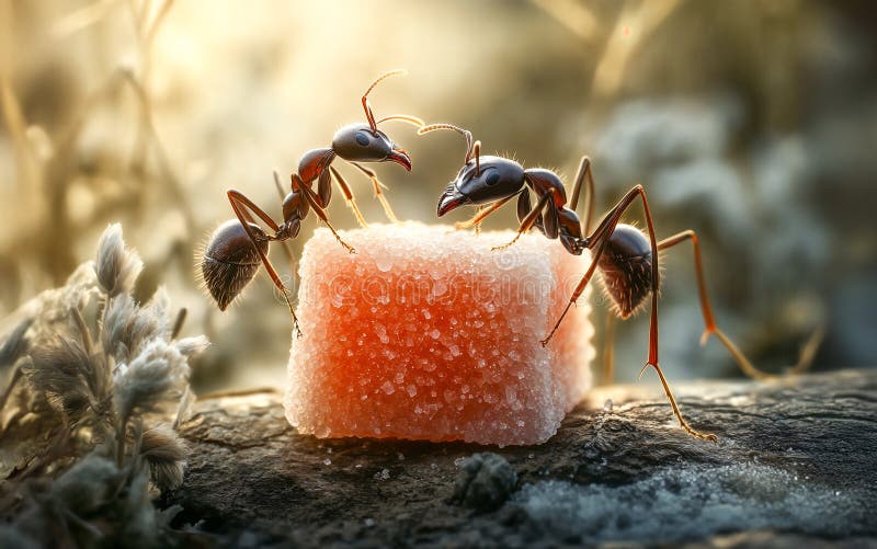 Two Ants Work Together To Move Sugar Cube in Natural Setting. Ai ...