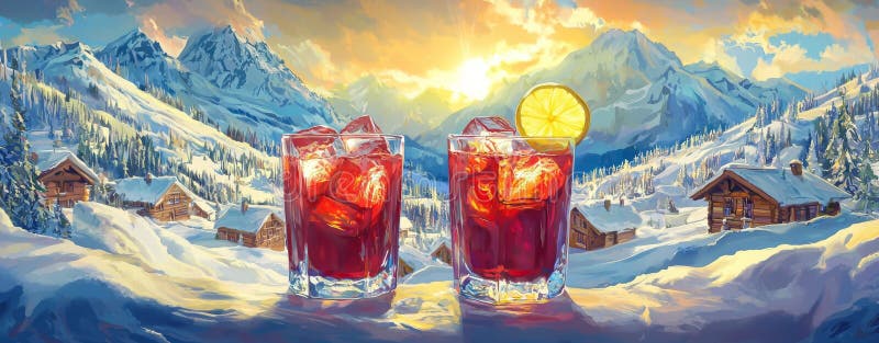 Two Aperol Spritz Cocktails Relishing a Winter Sunset in the Dolomites ...