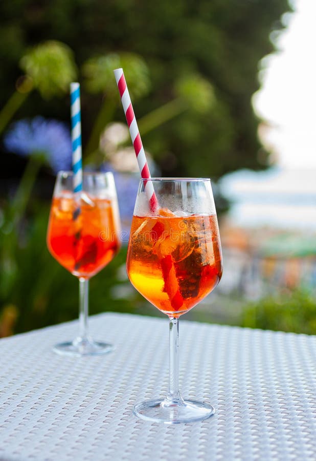 Two Aperol Spritz on a Summer Evening in a Mediterranean Pub Stock ...