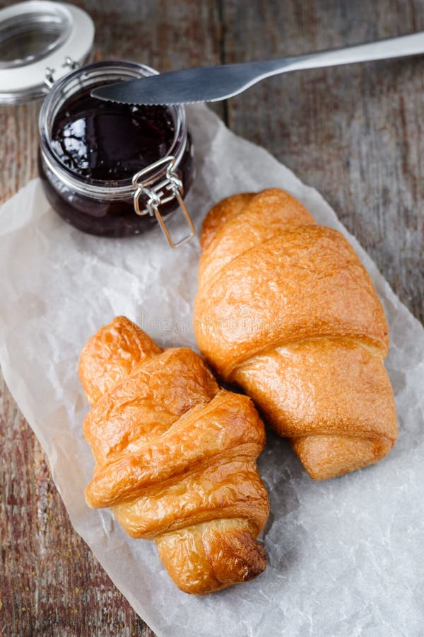 Two Appetizing Fresh Croissants and Jam Stock Image - Image of sweet ...