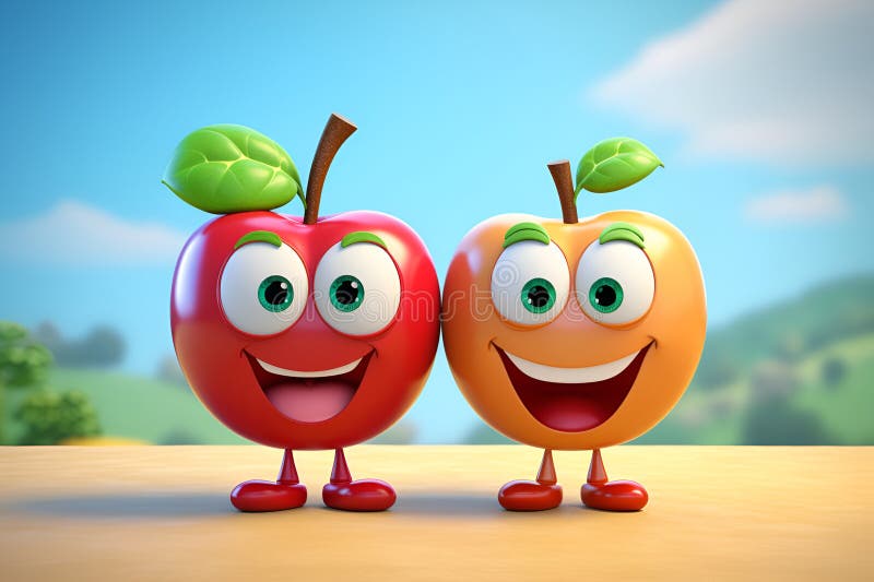 Two Apples Cute Cartoon Smiling Characters Standing on a Table Against ...