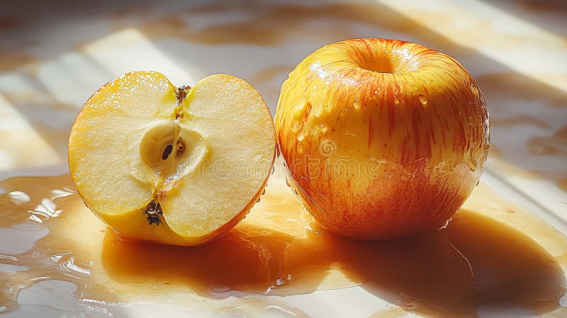 Two Apples, One Cut in Half, Sit on a Table Stock Image - Image of ...