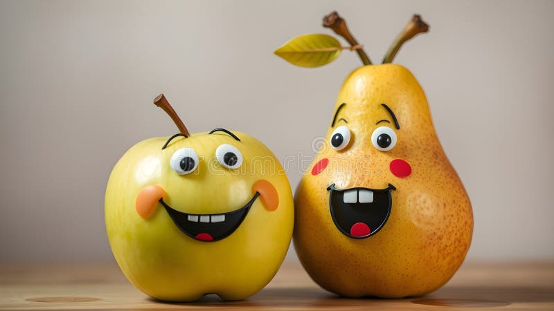 Two Apples and a Pear are Smiling and Have Their Mouths Open Stock ...