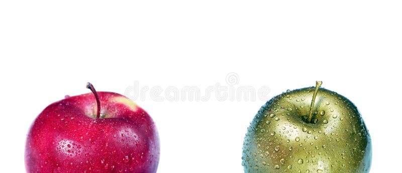 Two Apples. Red and Golden Apple in Drops Isolated Stock Image - Image ...