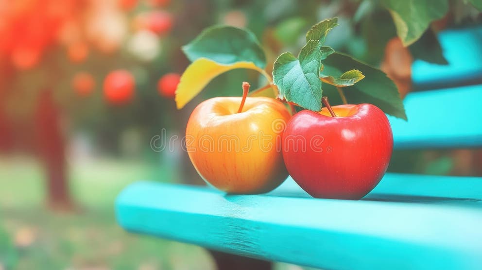 Two Apples Rest on a Park Bench, Surrounded by Greenery and a Peaceful ...