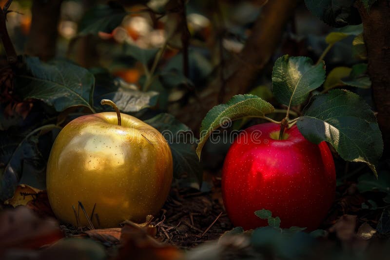 Two Apples Resting Under a Tree, One Red and One Yellow Stock ...