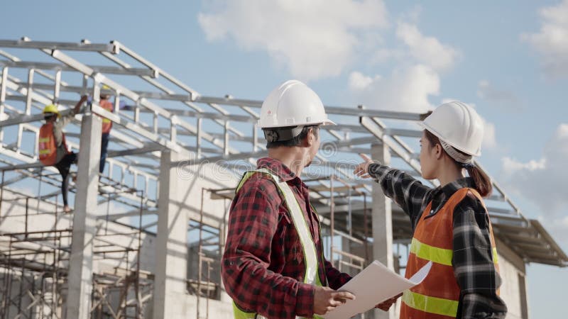 Architect and Client Discuss Help Create Plan with Blueprint of the ...