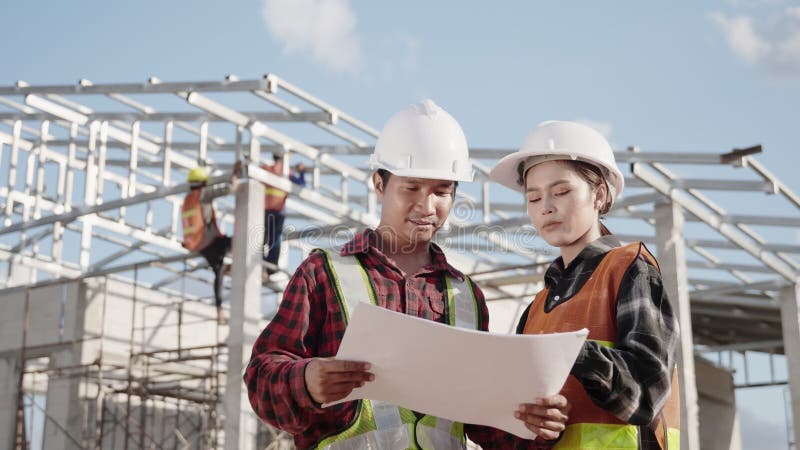 Architect and Client Discuss Help Create Plan with Blueprint of the ...